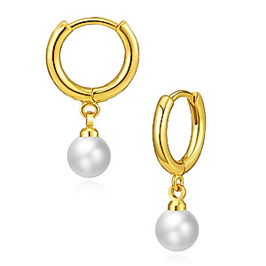 MRSXIA Huggie Earrings for Women Gold Hoop Pearl Bead Ball Dangle Drop 18K Gold Filled Small Simple Delicate Hypoallergenic Ear Jewelry