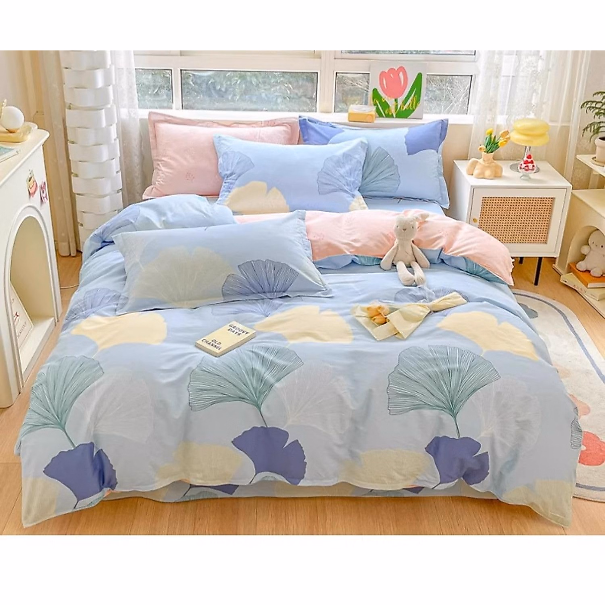 Generic 100% Cotton Duvet Cover Set for King Queen and Twin, Full Size Blue Leaf Print Double Bed Quilt Cover with 2 PCs Pillowcase with Zipper Closure (Full)