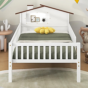 Bellemave Twin Size Montessori Bed for Kids, Twin Size Kids Bed with Fence，Kids Montessori Bed with House-Shaped Headboard and Built-in Storage, White
