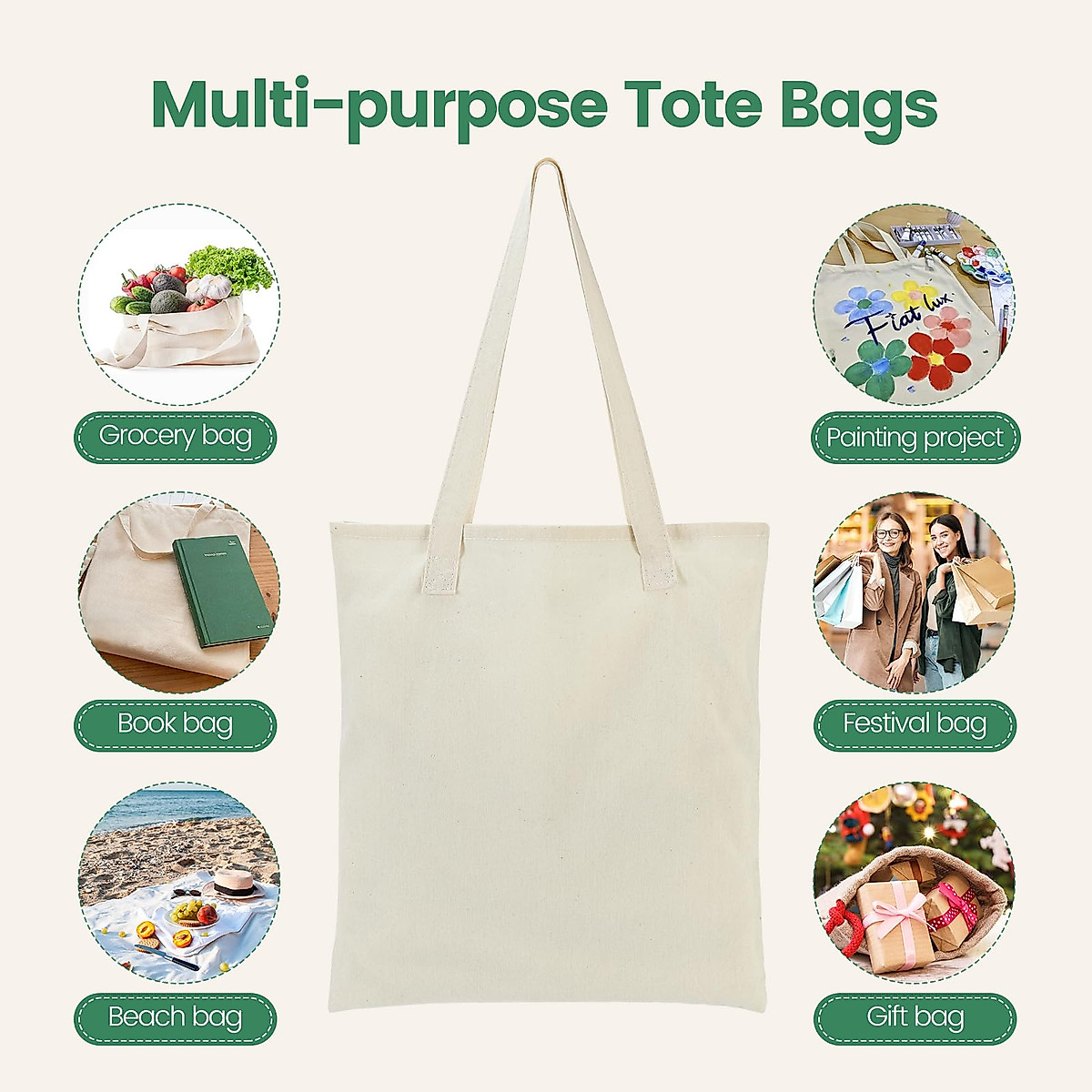 Carbrea 12 Pack Canvas Tote Bag - Lightweight Thin Tote Bags Bulk Blank Shopping Reusable Grocery Bags for DIY Gift Sublimation Activity - Beige