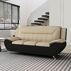 Container Furniture Direct Michael Modern Faux Leather Upholstered Stainless Steel Legs Living Room, Sofa, Black Camel