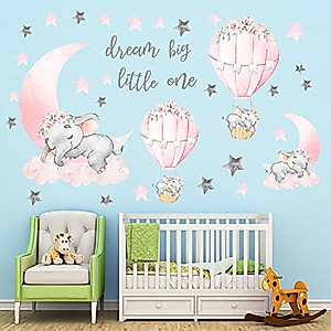 Dream Big Little One Elephant Wall Stickers, Pink Moon Hot Air Balloon Grey Stars Wall Decals for Nursery Kids Room Living Room Bedroom Decorations Home Decor