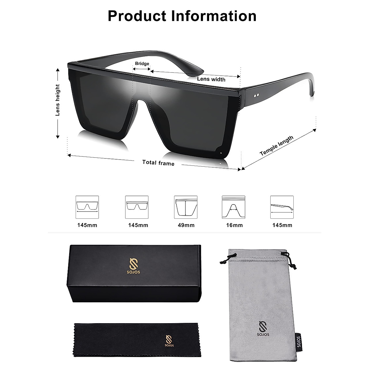 SOJOS Square Big Sunglasses Women Thick Frame Flat Top Mirrored Sunnies Shades Goggle Siamese Lens SJ2117 with Black Frame/Grey Lens