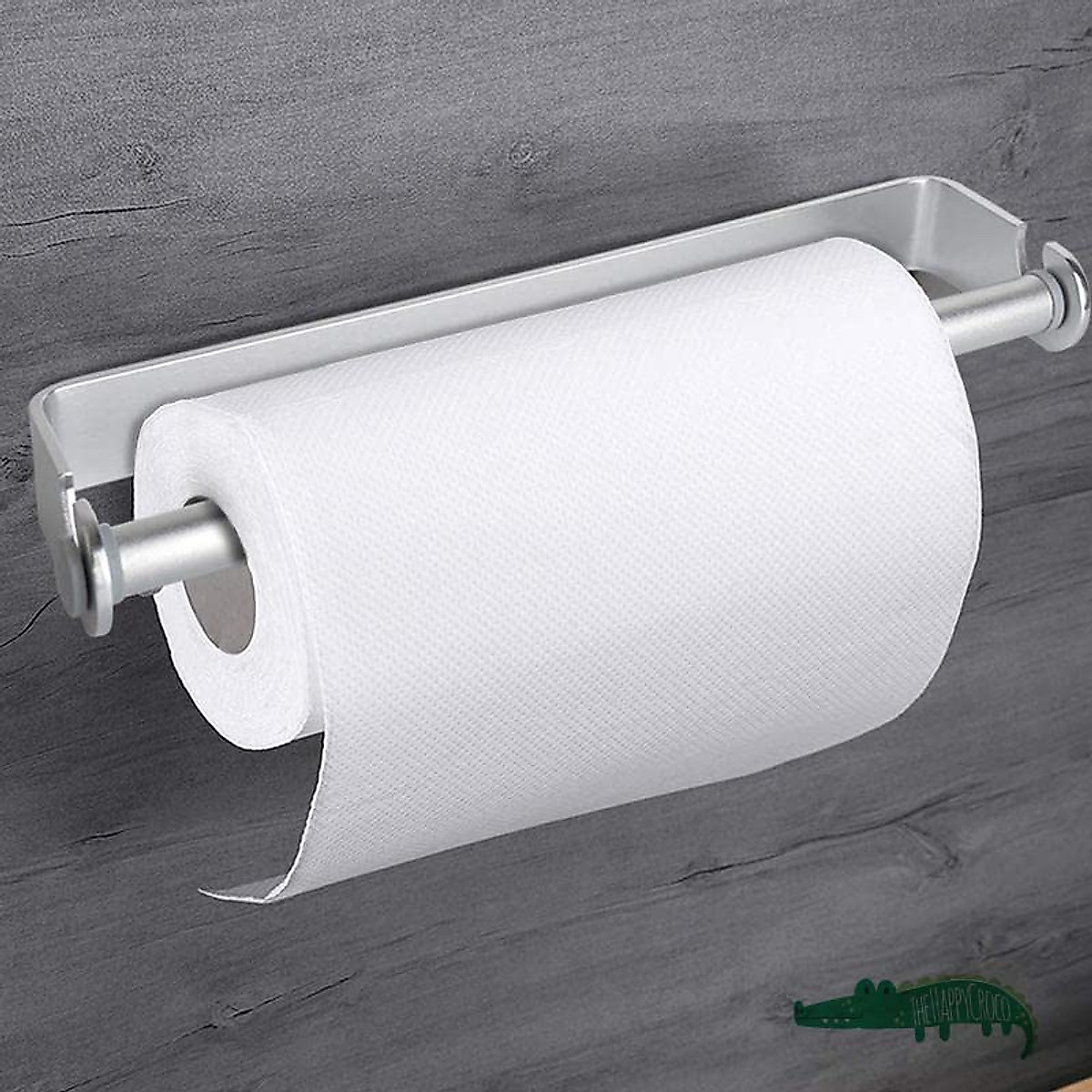 THE HAPPY CROCO I Paper Towel Holder, Three Mount Options: Adhesive and Screw. Can be Mounted on The Wall or Under The Cabinet. Comfortable Hanging roll Paper Holder. (Silver)