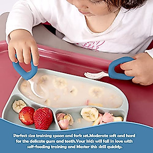 HIWOOD Baby Self Feeding Training Spoon and Fork Set with Travel Case, BPA-Free Cute Circle Toddler Training Utensils, Silicone/ABS Great Tableware Set Spoons Fork for Kids(Blue)