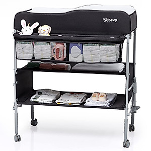 Portable Baby Changing Table, Babevy Foldable Changing Station Changing Dresser with Wheels for Infant, Waterproof Diaper Changing Table Pad Topper, Mobile Nursery Organizer for Newborn (Black)