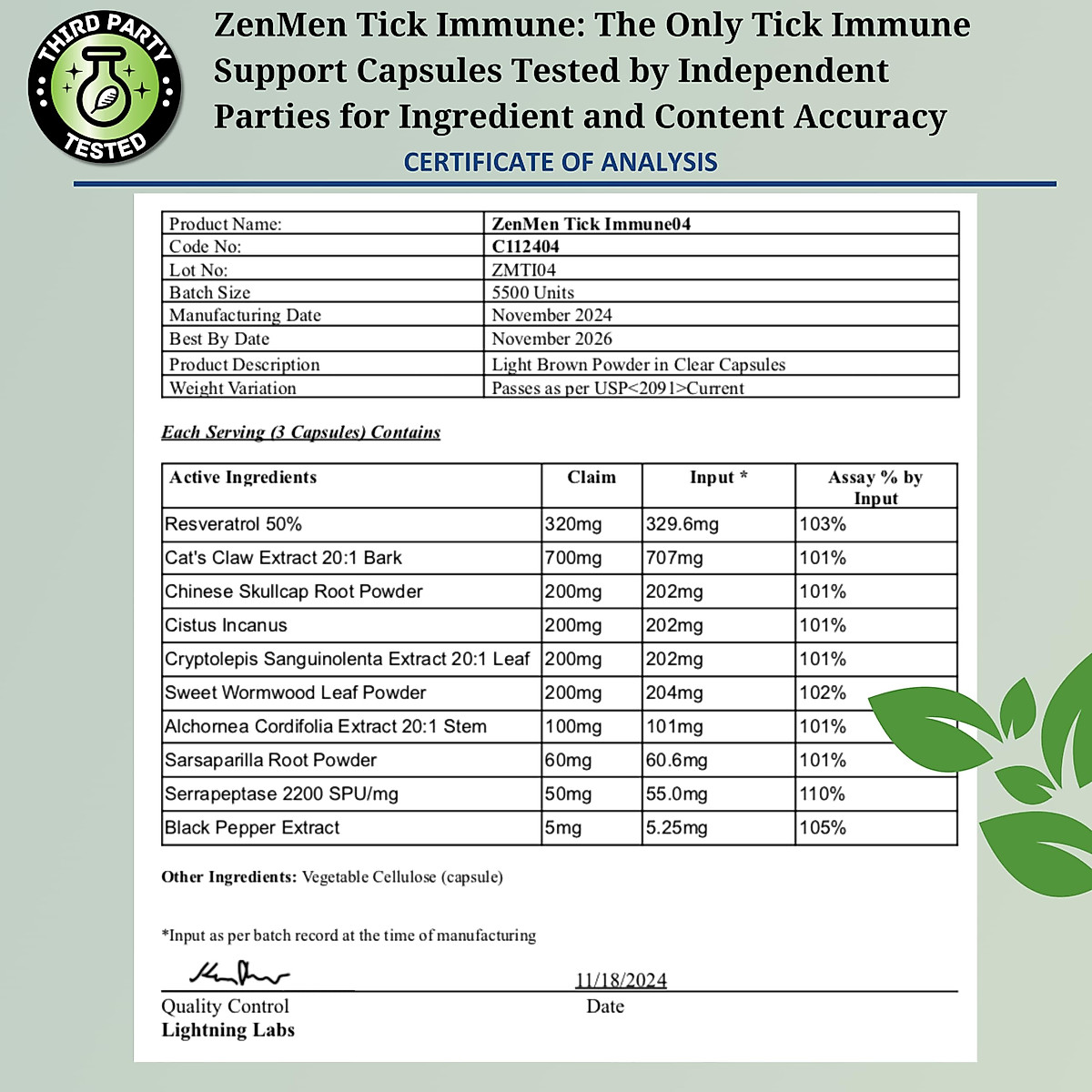 Zenmen Tick Immune Support Supplement - Improved Formula - Japanese Knotweed, Cat's Claw, Chinese Skullcap, Cryptolepis Sanguinolenta, Sweet Wormwood - 90 Vegan Capsules, Made in The USA