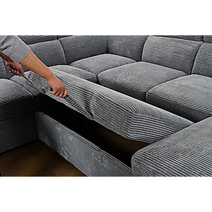 THSUPER Corduroy 123" Oversized U Shape Sectional Sleeper Sofa with Pull Out Bed, 7-Seats Sleeper Sectional Sofa with Storage Chaise and Adjustable Headrest for Living Room - Dark Grey
