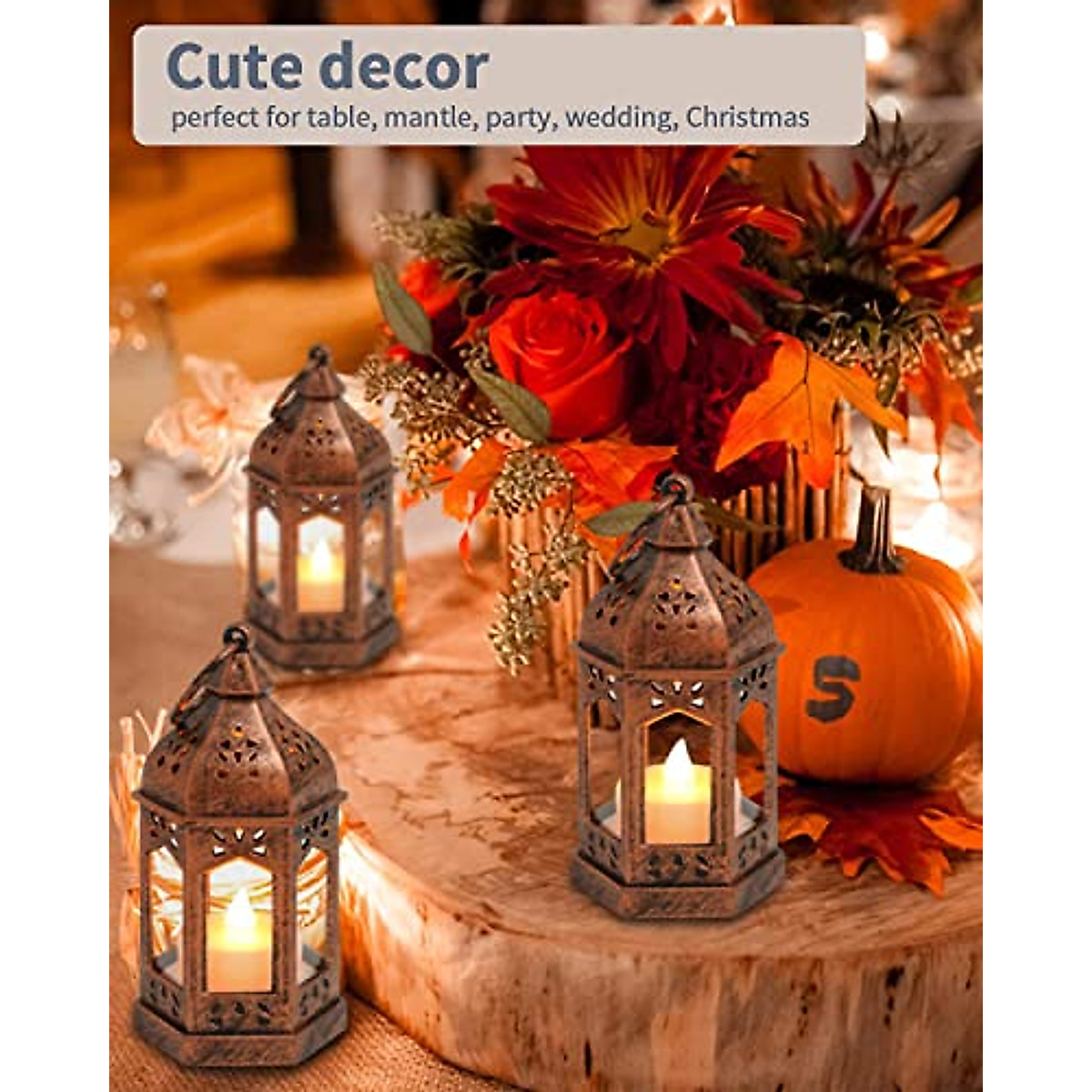 SHYMERY Mini Lantern with Flickering LED Candles,Battery Included,Decorative Hanging Lantern,Christmas Decorative Lantern,Indoor Candle Lantern,Battery Lantern Indoor Use(Set of 8 Copper Brushed)