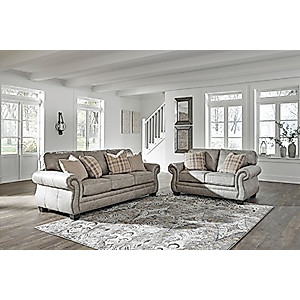 Signature Design by Ashley Olsberg Faux Leather Loveseat with Nailhead Trim and 2 Accent Pillows, Gray