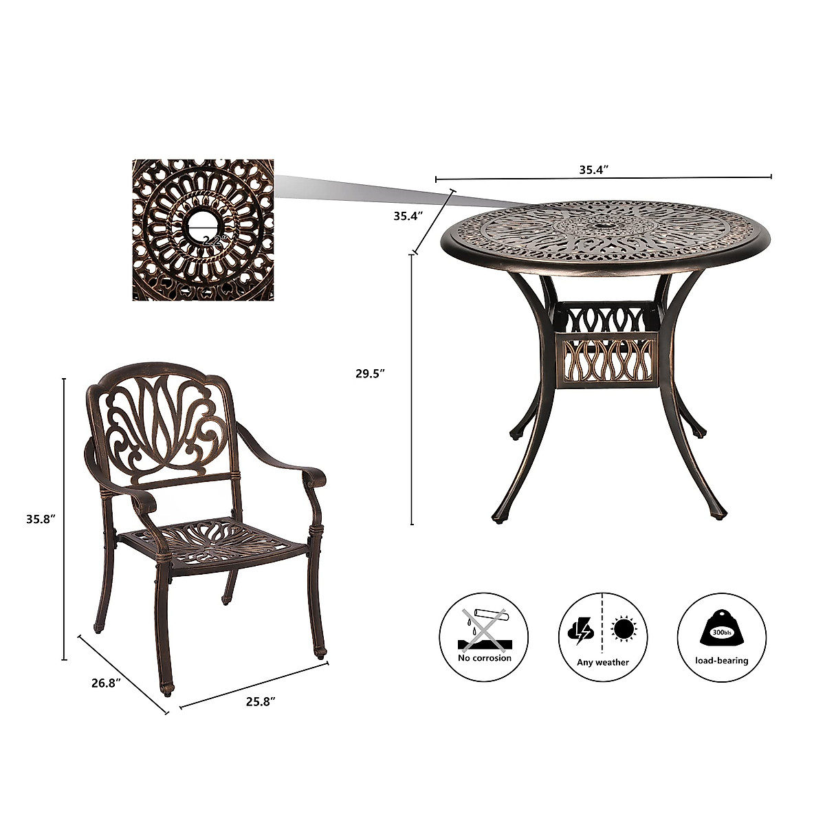 TITIMO 5-Piece Cast Aluminum Outdoor Patio Dining Set, 4 Pattern Chairs and 35.4" Round Table,Cast Aluminum Conversation Set with 2.2” Umbrella Hole (Without Cushions, 1 Round Table + 4 Chairs)