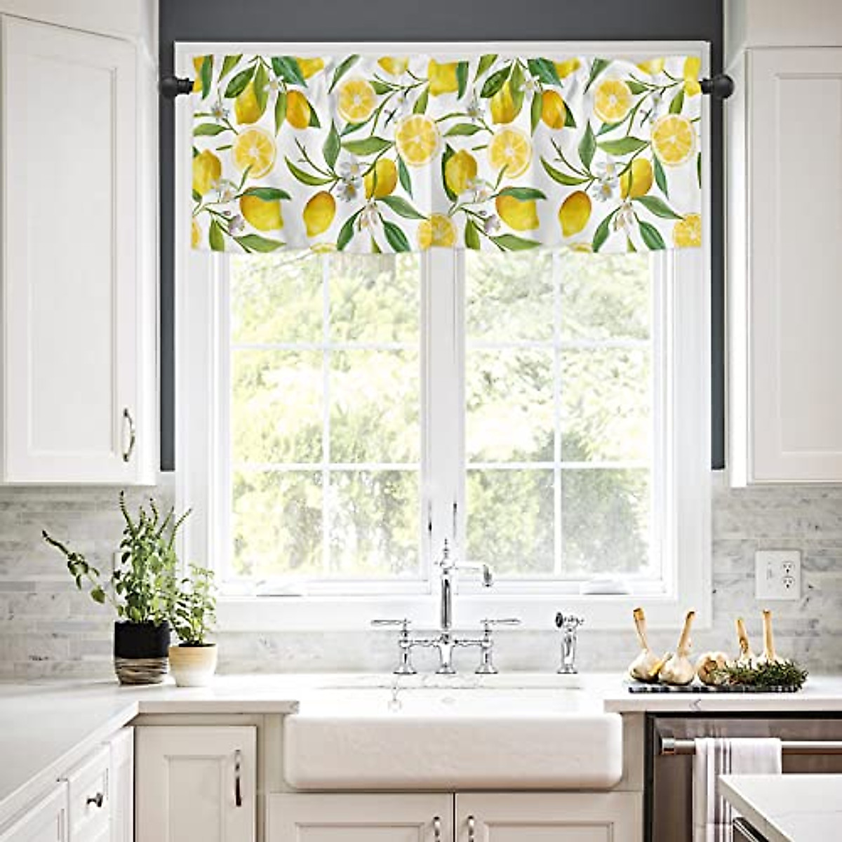 Voguard Yellow Lemon Valance Curtain Rod Pocket Window Curtain Summer Garden Fruit Flower Lemon Slice and Leaves Washable Window Treatment for Living Room Bedroom Kitchen Home Decor 54x18in