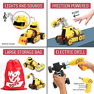 14-in-1 Take Apart Construction Toys 155pcs DIY Engineering Playset, 2 Electric Drills, Play Mat and Road Signs, Push & Go STEM Learning Bundle w/Lights, Sounds for Early Education, Boys and Girls 4+