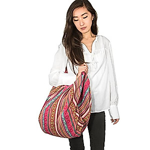 Tribe Azure Jacquard Cotton Shoulder Banana Style Fashion Travel Canvas Tote Bag Hobo Style Casual Market Purse Handbag (Pink)