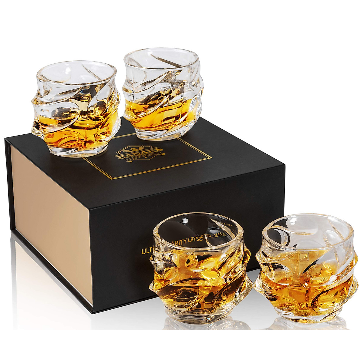 KANARS Old Fashioned Whiskey Glasses 11 Oz - Emperor Rocks Glasses Set of 4 for Bourbon Cocktail Scotch Snifter Malt Cognac - Heavy Crystal Bar Glassware - Unique Men Gift
