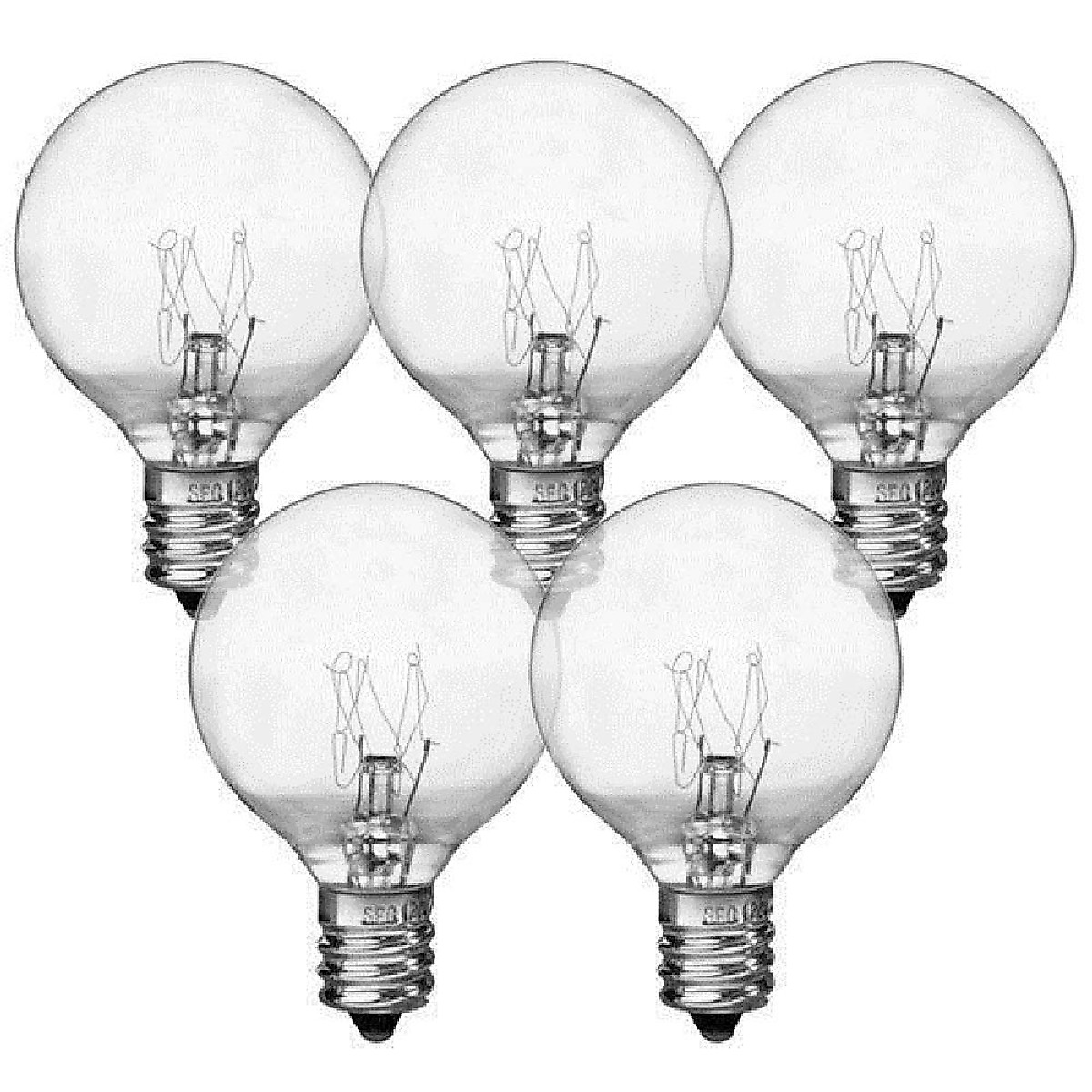 5 Watt - Miniature G40 Globes - 1.5 Diameter - 4,000 Life Hours - Candelabra Base - 130 Volt - 25 Pack