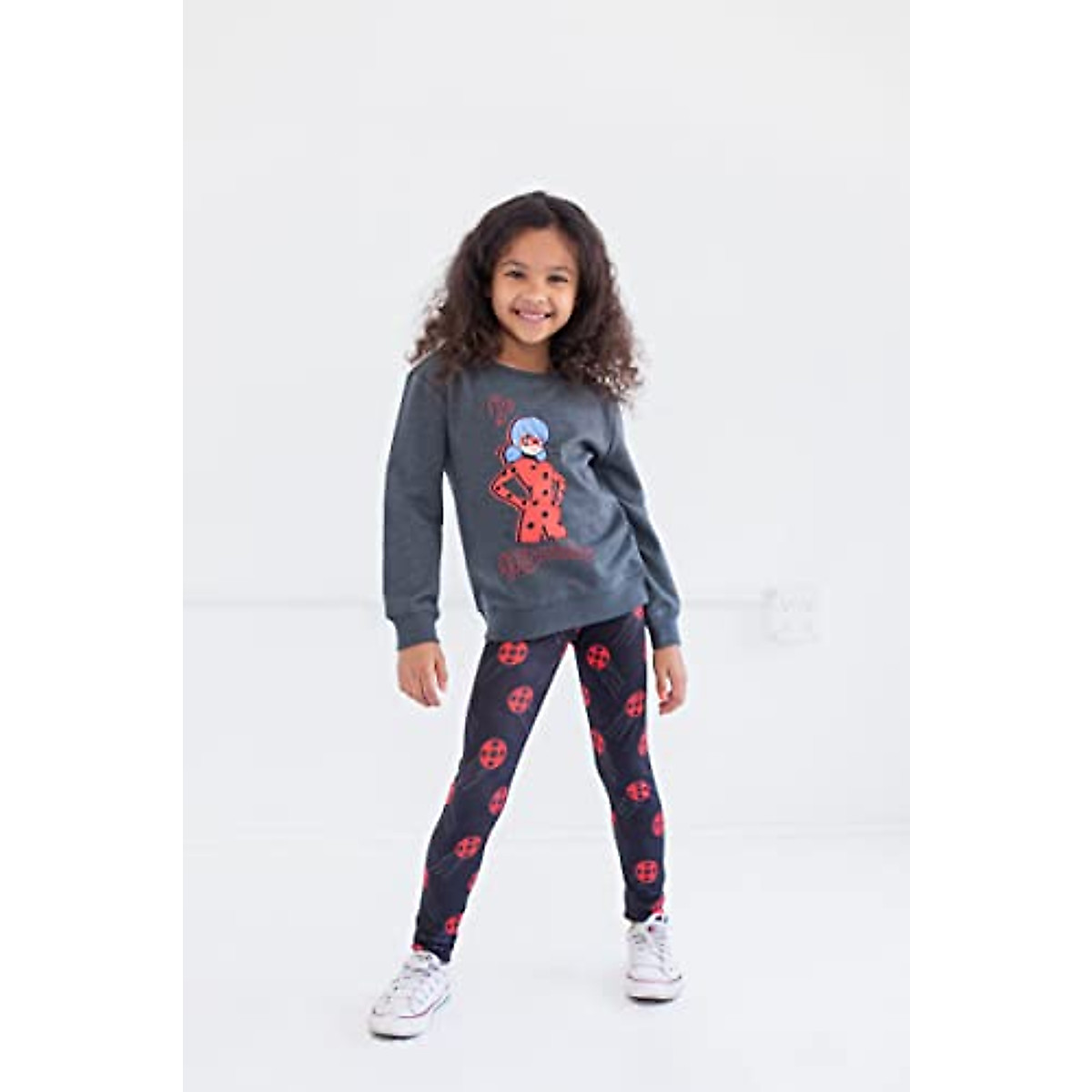 Miraculous Ladybug Little Girls Pullover Sweatshirt and Leggings Outfit Set Grey/Black 7-8
