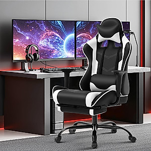 Gaming Chair with Footrest, Ergonomic Office Chair, Adjustable Swivel Leather Desk Chair, Reclining High Back Computer Chair with Lumbar Support and Headrest, Racing Style Video Gamer Chair
