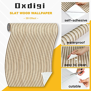 Oxdigi Wooden Slat Peel and Stick Wallpaper - Self-Adhesive Contact Paper with 3D Effect | Waterproof & Removable | PVC Contact Paper for Countertops & Cabinets | 11.8 in x 16.4 ft | Light Wood