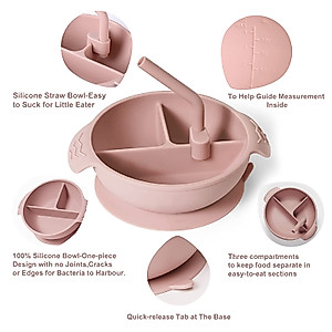 haakaa Silicone Divided Suction Bowl With Straw, Self Feeding Training Divided Bowl For Baby Toddler, Portable Non Slip Child Feeding Stay Put Bowl,Blush