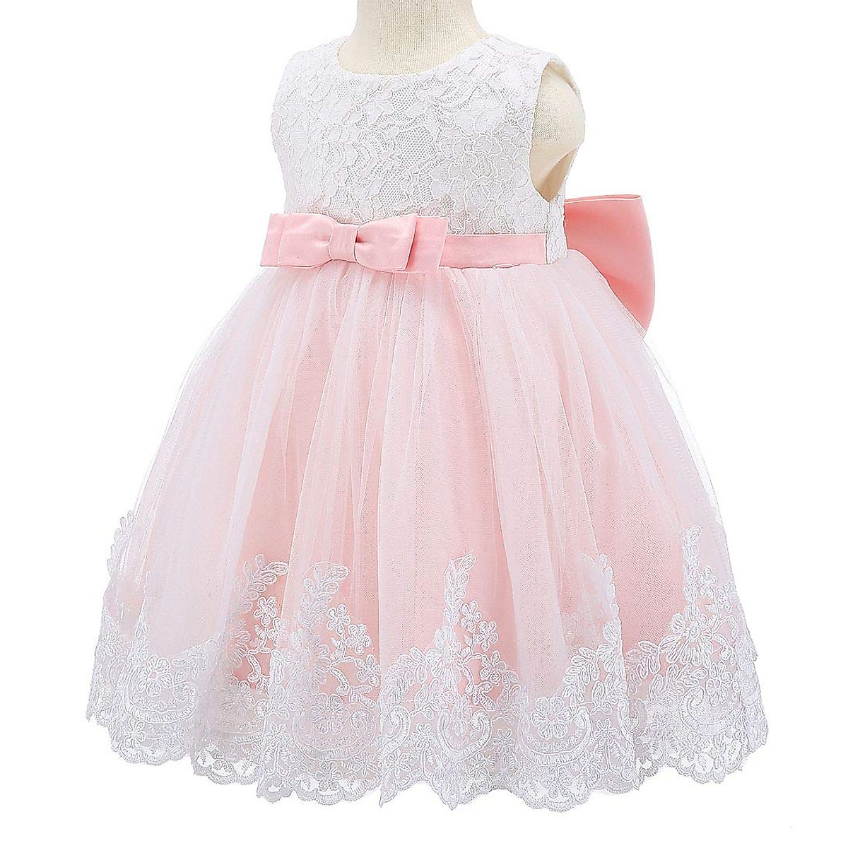 Bow Dream Baby Flower Girl Dresses Lace Bowknot Wedding Pageant Formal Tutu Gown Blush Pink 0-3 Months