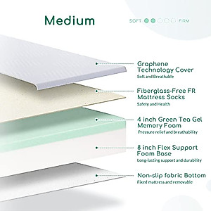 Airdown Queen Mattress, 12 Inch Memory Foam Mattress in a Box, Medium Feel Green Tea Gel Mattress for Pressure Relieving, CertiPUR-US Certified, Made in USA