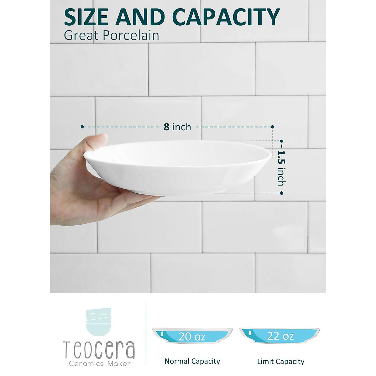 Teocera Pasta Bowls, Salad Serving Bowls Set, Wide and Shallow, 22 Ounce Porcelain Bowl, Microwave and Dishwasher Safe - Set of 6, White