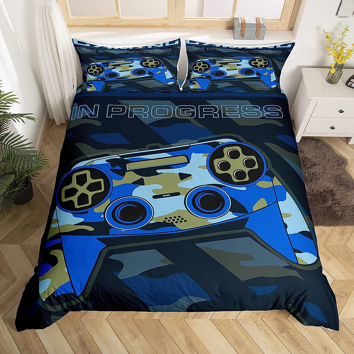 Feelyou Games Comforter Cover Twin Size,Gamepad Bedding Set for Boys,Kids Video Games Duvet Cover Set Modern Gamer Console Action Buttons Quilt Cover Teens Bedroom Decor Camo Navy Blue 2 Pcs