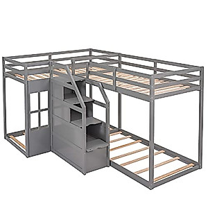 Merax Twin Over Twin L-Shaped Bunk Bed with Built-in Middle Staircase, Twin Size Wooden Bunk Bed for Teen, Grey