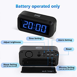 Timegyro Digital Alarm Clock Battery Operated with LED Display for Bedrooms, Long Battery Life, 3 Brightness Adjustable, 12/24 Hour, Snooze, Black Case with Blue Digits