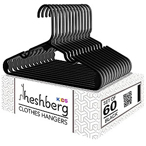 Heshberg Kids and Babies Plastic Hangers - Space-Saving, Durable, and Cute Closet Organization Solution, 60 Pack (Black)