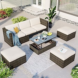LUMISOL 5 Piece Patio Furniture Set, Outdoor Wicker Sofa Set with Adjustable Backrest, Cushions, Ottomans and Lift Top Coffee Table for Garden, Poolside, Backyard, Balcony, Beige