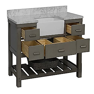 Charlotte 48-inch Bathroom Vanity (Carrara/Weathered Gray): Includes Weathered Gray Cabinet with Authentic Italian Carrara Marble Countertop and White Ceramic Farmhouse Apron Sink