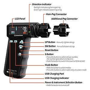 JOWOOM T2 Smart Automatic Guitar & Ukulele Tuner | Fast Acoustic Guitars Auto-Tuner With 180RPM Electric String Winder | Safe & Professional Grade Tuner For Ukuleles | USB Rechargeable Battery | Black