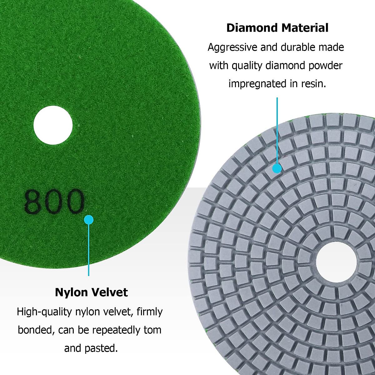 Diamond Polishing Pads 5 Inch with 5/8’’-11 Hook & Loop Backing Pads, 10pcs Wet/Dry Concrete Polish Tools Kit for Drill, Grinder, Polisher, 50-3000 Grit Polishing Set for Marble Granite Quartz Stone