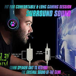 Mokata Gaming Headphone Wired AUX 3.5mm Over Ear Cat LED Light Fit Adult & Kids Foldable Stereo Headset Earmuffs with Microphone for PC PS4 Game Cellphone Laptop Pad H02 Navy Blue