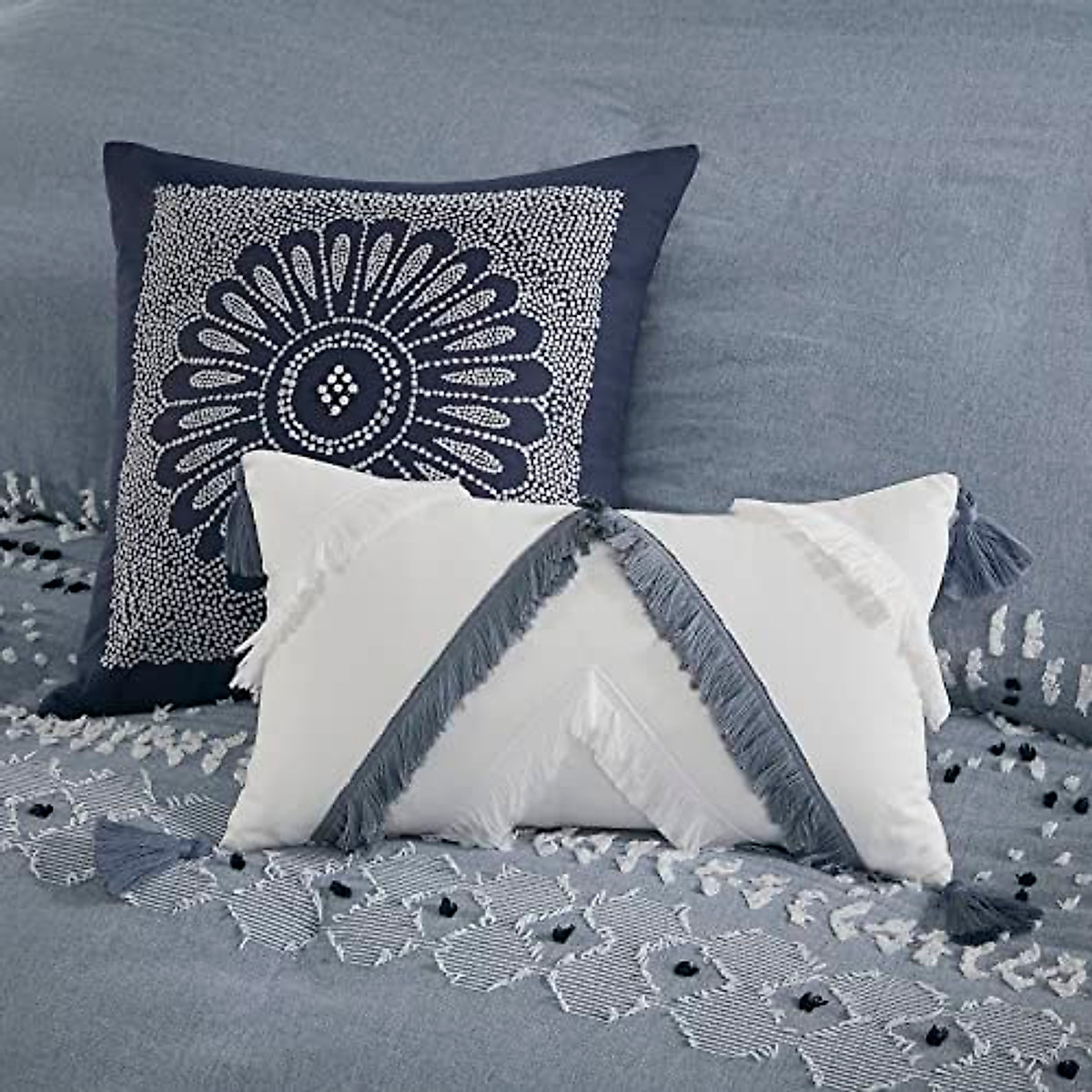 INK+IVY Dora Organic Cotton Duvet Set, Chambray with Textured Clipped Yarns and Tufted Geometric Design, Breathable, All Season Boho Bedding, Matching Shams, King/Cal King(104"x92") Blue 3 Piece