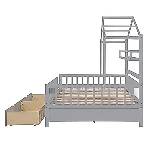 WADRI Full Size House Bed with 2 Drawers and Shelf, Wood House Bed Frame with Roof Design and Safety Guardrail, Montessori Bed for Girls Boys Bedroom, Can be Decorated (Gray + Wood-A32)