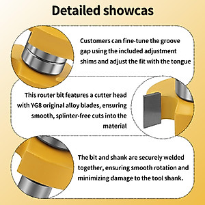 2 Pieces Tongue and Groove Router Bit Set 1/2 Inch Shank 1-1/2" Woodworking Cutting Milling Tools Router Bits for Woodworking 3 Teeth Adjustable T Shape Wood Milling Cutter