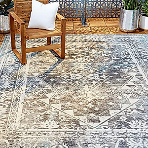 Nicole Miller New York Patio Sofia Ivy Transitional Distressed Indoor/Outdoor Area Rug, Grey/Aqua, 5'2"x7'2"
