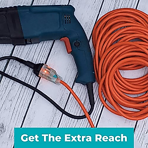 KMC 50ft 16AWG Outdoor Extension Cord, SJTW 16/3 Lighted Power Cord, Bright Orange, ETL Certified (50ft/15.24m)