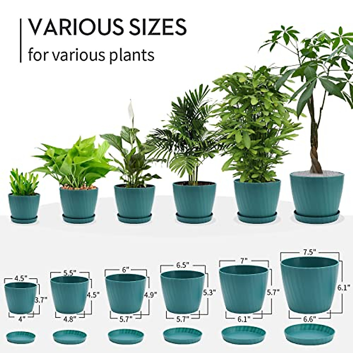 Faxinny Set of 6 Plastic Planters with Saucers ,7.5/7/6.5/6/5.5/4.5 Inch Plant Pots with Drainage Hole and Tray for All Indoor Plants, Flowers, Snake Plant and Succulents ,Green