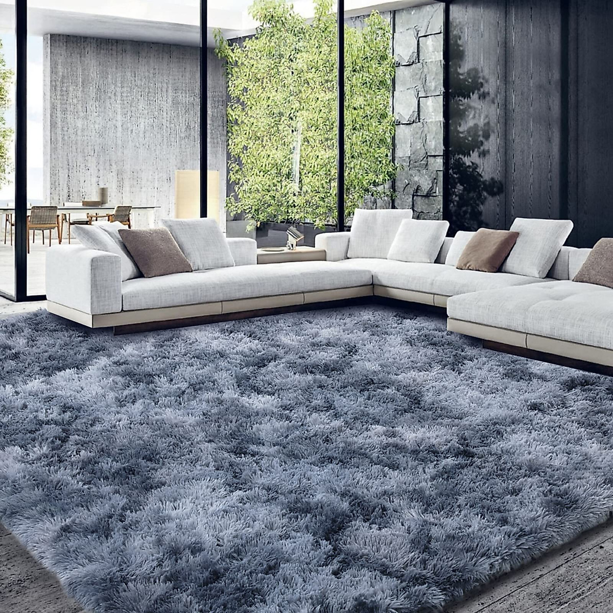 HOMBYS Shaggy Area Rug 9x12 Feet, Ultra Soft Large Plush Faux Fur Carpet, Non-Skid Bedroom Living Room Rug for Kids Playroom Home Decor, Tie Dye Grey