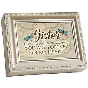Cottage Garden Sister Together Far Apart Silvertone Rope Trim Jewelry Music Box Plays Wind Beneath My Wings