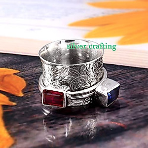 Red Mozambique Ruby & Blue Sapphire Ring Emerald Cut Gemstone ring Meditation Spinner ring Spinning Fidget ring Jewelry (9.5)
