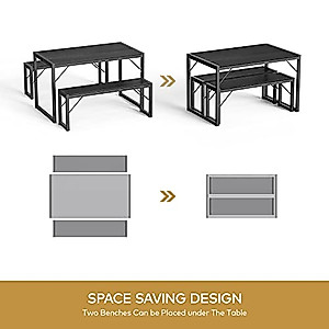 Gizoon 45.5" Dining Table Set for 4, Kitchen Table Set with 2 Benches, Dining Room Table Set with Metal Frame & MDF Board, Space-Saving Dinette for Kitchen, Dining Room -Black