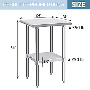 Hally Stainless Steel Table for Prep & Work 24 x 15 Inches, NSF Commercial Heavy Duty Table with Undershelf and Galvanized Legs for Restaurant, Home and Hotel