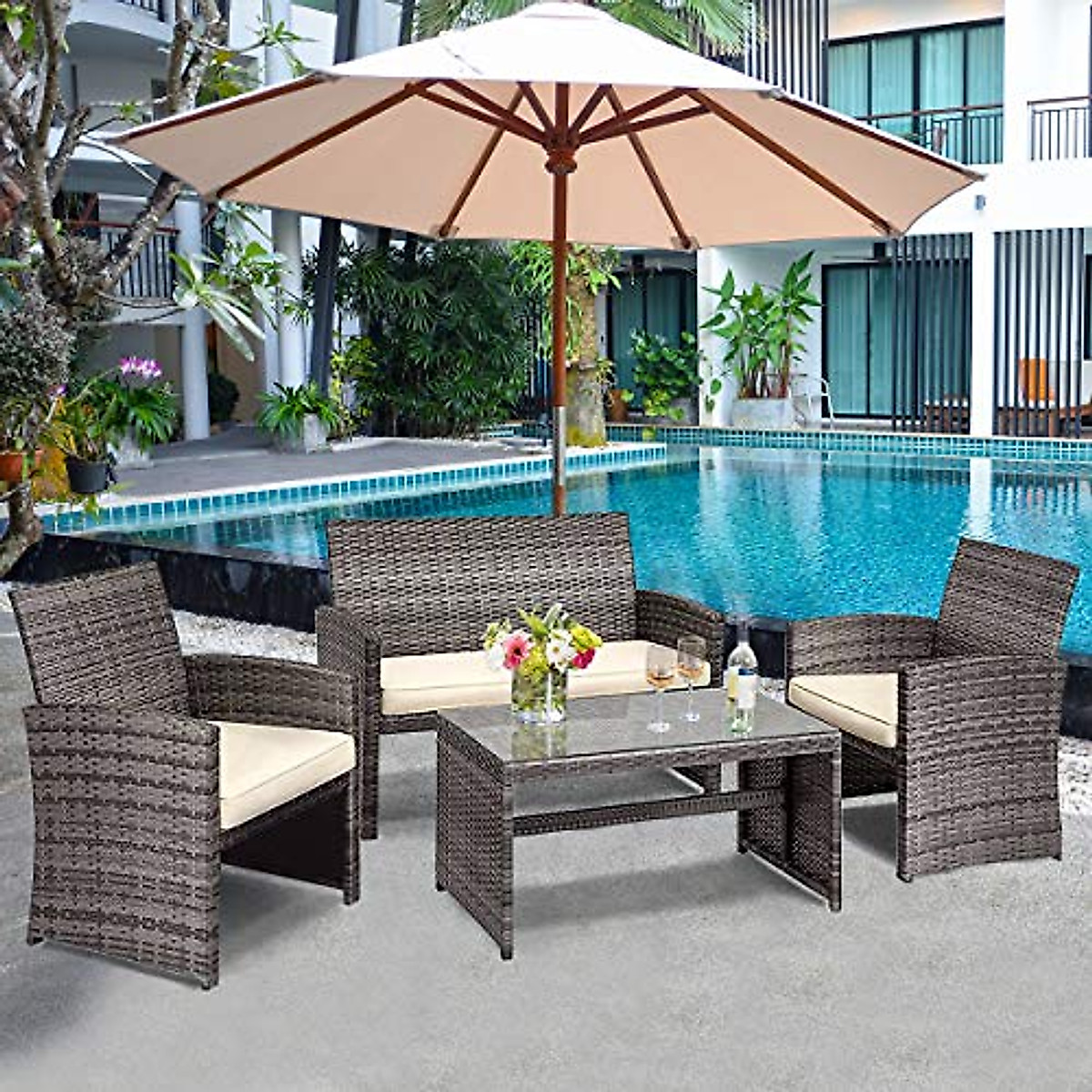 Goplus Rattan Patio Furniture Set 4 Pieces, Outdoor Wicker Conversation Sofa and Table Set with Soft Cushions & Tempered Glass Coffee Table for Balcony Garden Backyard (Beige(Mixed Color Wicker))