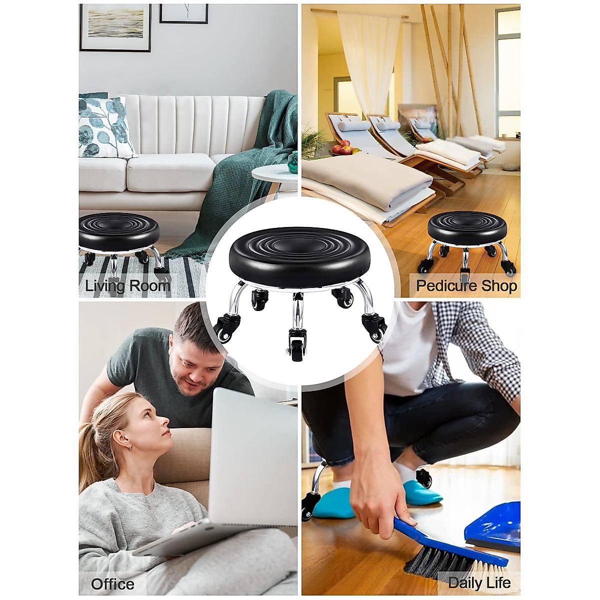 Lorvain Low Stool with Wheels, Roller Seat Short Rolling Stools with Universal Swivel Caster Wheels Leather Little Low Small Stools on Wheels for Home Garage to sit on- Black