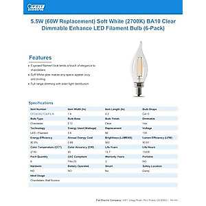 Feit Electric 60-Watt Equivalent CA10 LED Light Bulb, Dimmable Enhance Glass Candelabra Filament, 500 Lumens, 13 Yrs. Lifetime, 2700K Soft White, 6-Pack - CFC60/927CA/FIL/6